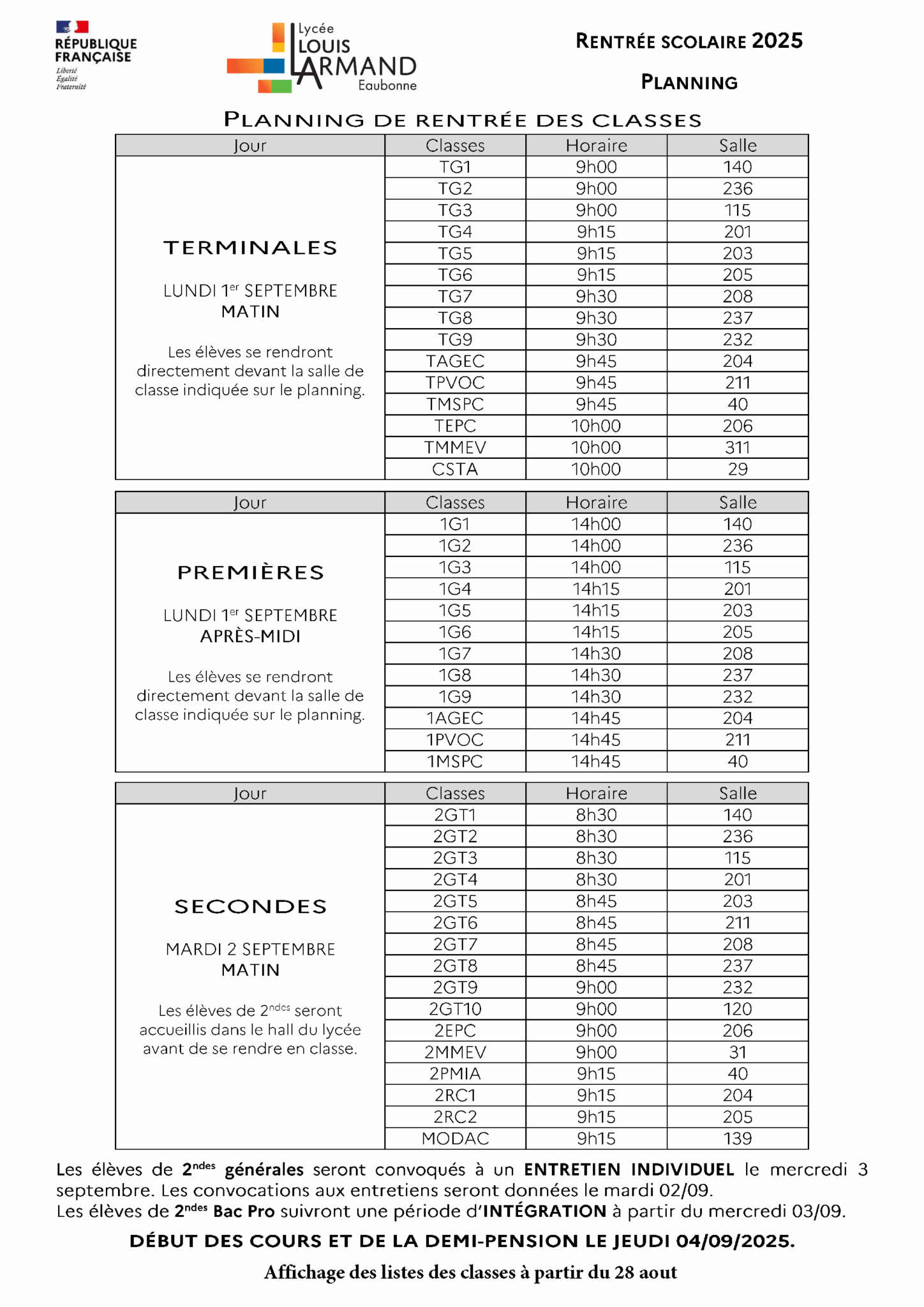 Rentrée scolaire 2025 Planning - Lycée Louis Armand Eaubonne